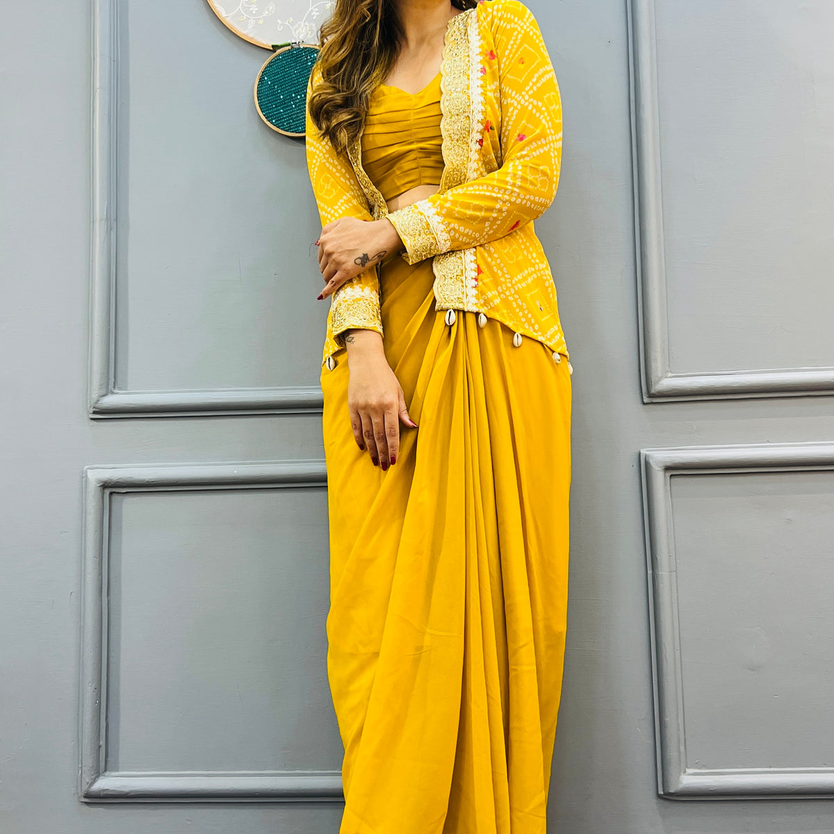 Perfect Lungi Draped Dress with jacket for Haldi – RK Kurtis