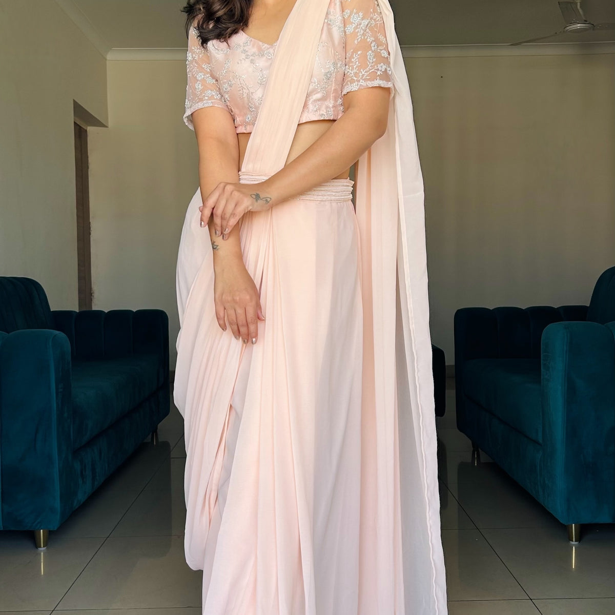 Indowestern Ready to wear Saree in Light Peach for Perfect Wedding & F ...